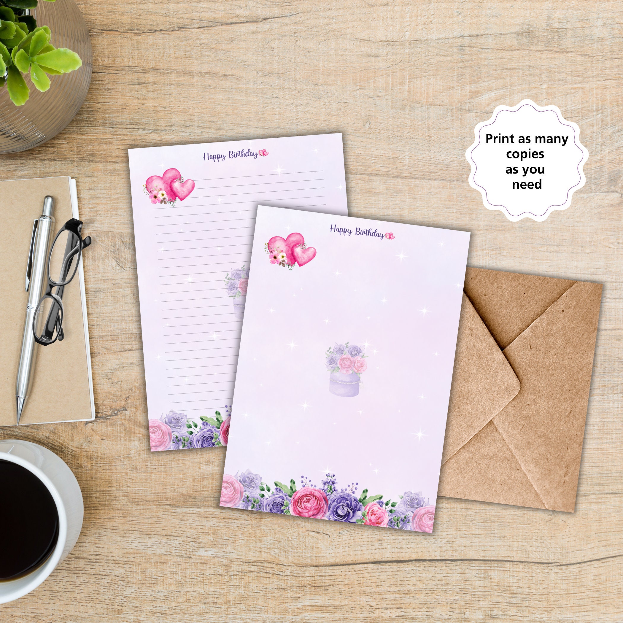 Happy Birthday Letter Writing Paper Purple Floral Theme Stationery ...
