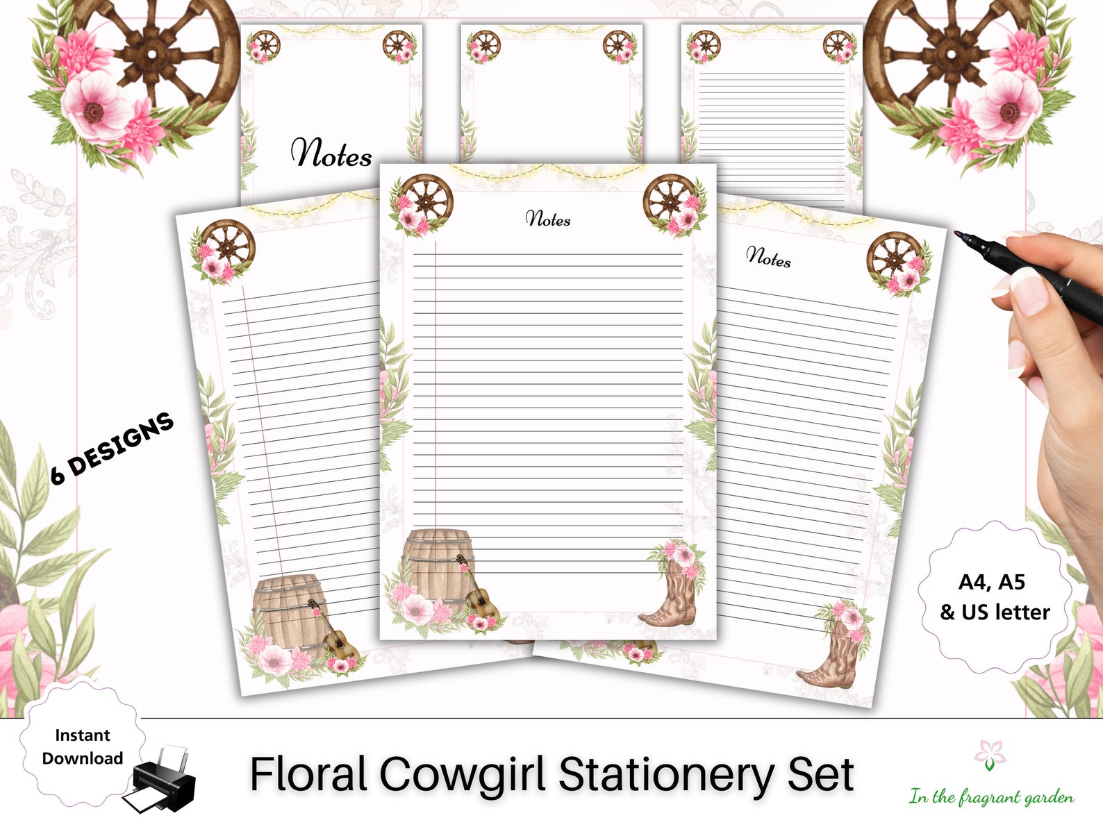 Cowgirl Cowboy Boots With Flowers Stationery Floral Lined Paper ...