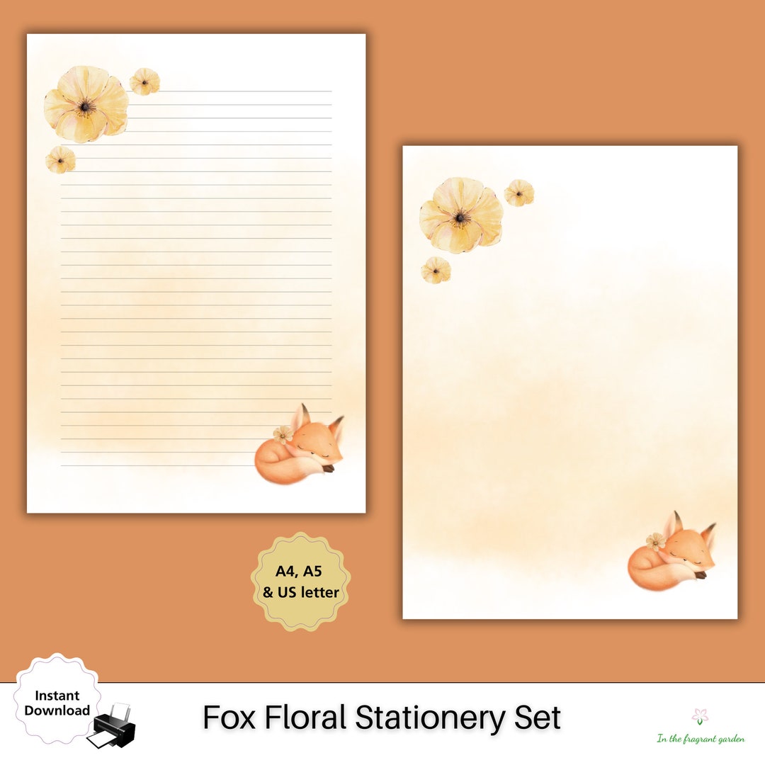Adorable Sleeping Fox Letter Paper | Cute Floral Lined Stationery for ...