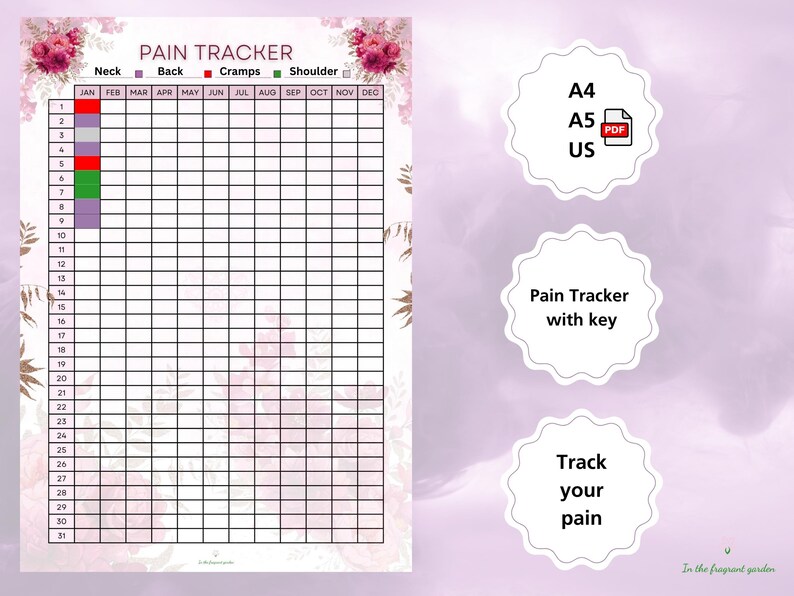 Printable Pain Tracker Daily Florai Injury Log PDF Improve Symptoms ...