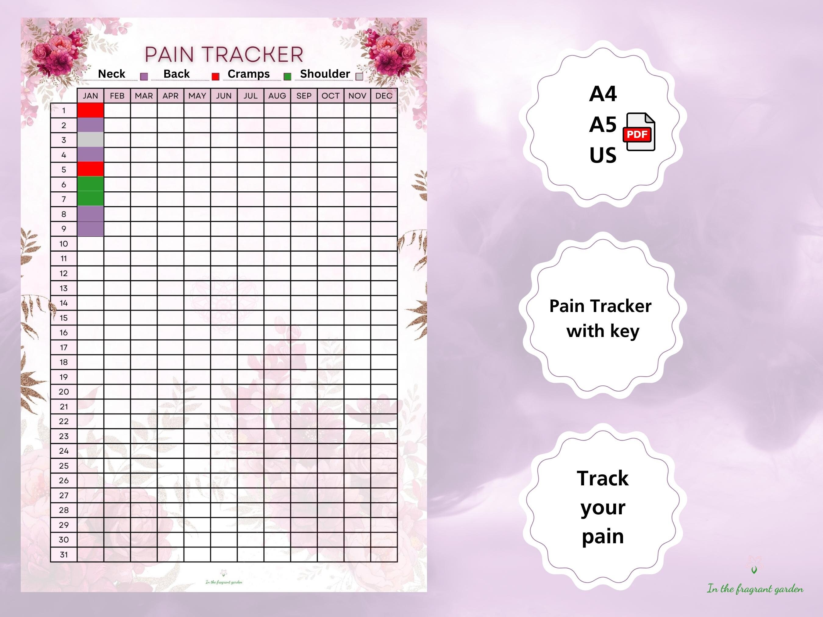 Printable Pain Tracker Daily Florai Injury Log PDF Improve Symptoms ...