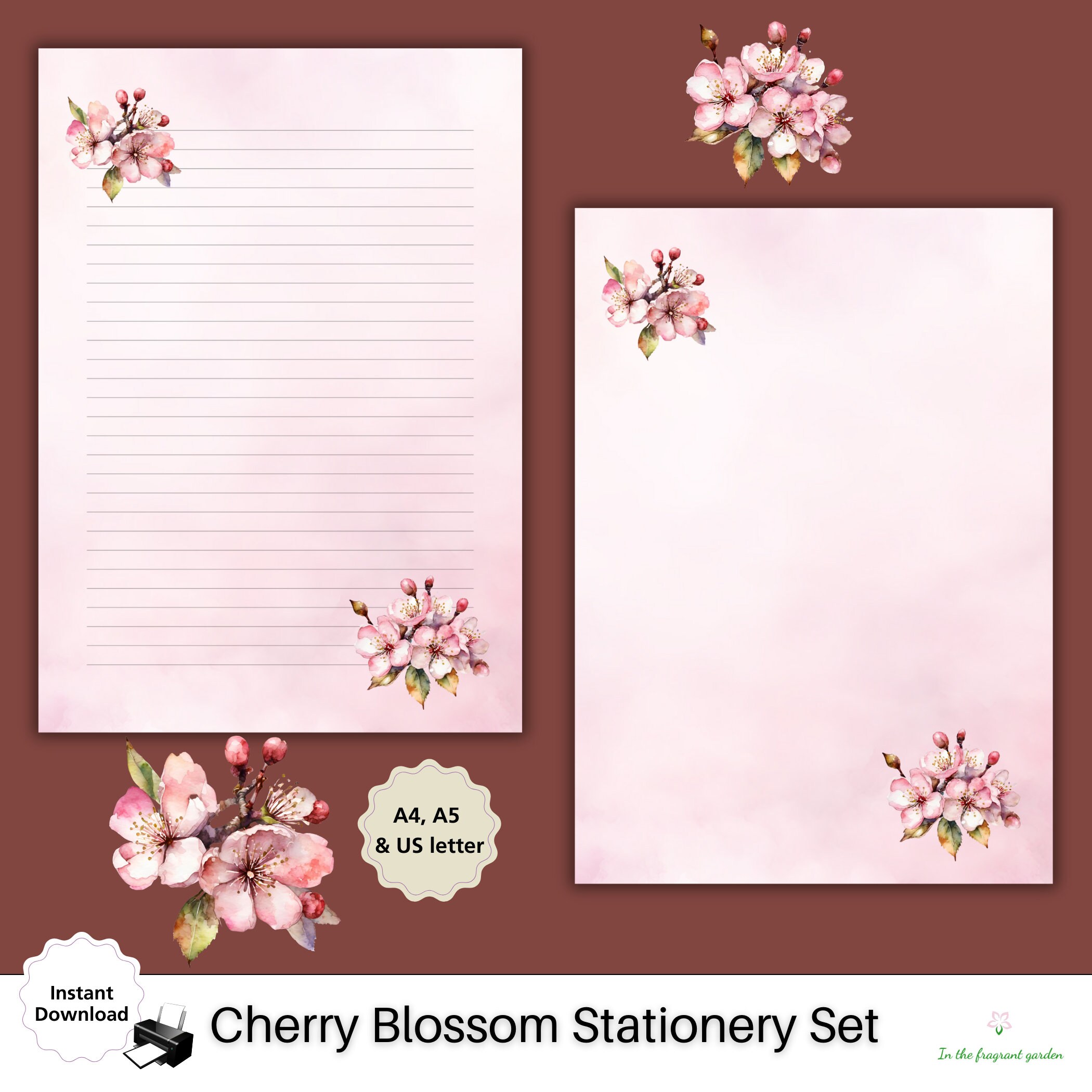 Cherry Blossom Pink Stationery Printable Lined Paper Office Download ...