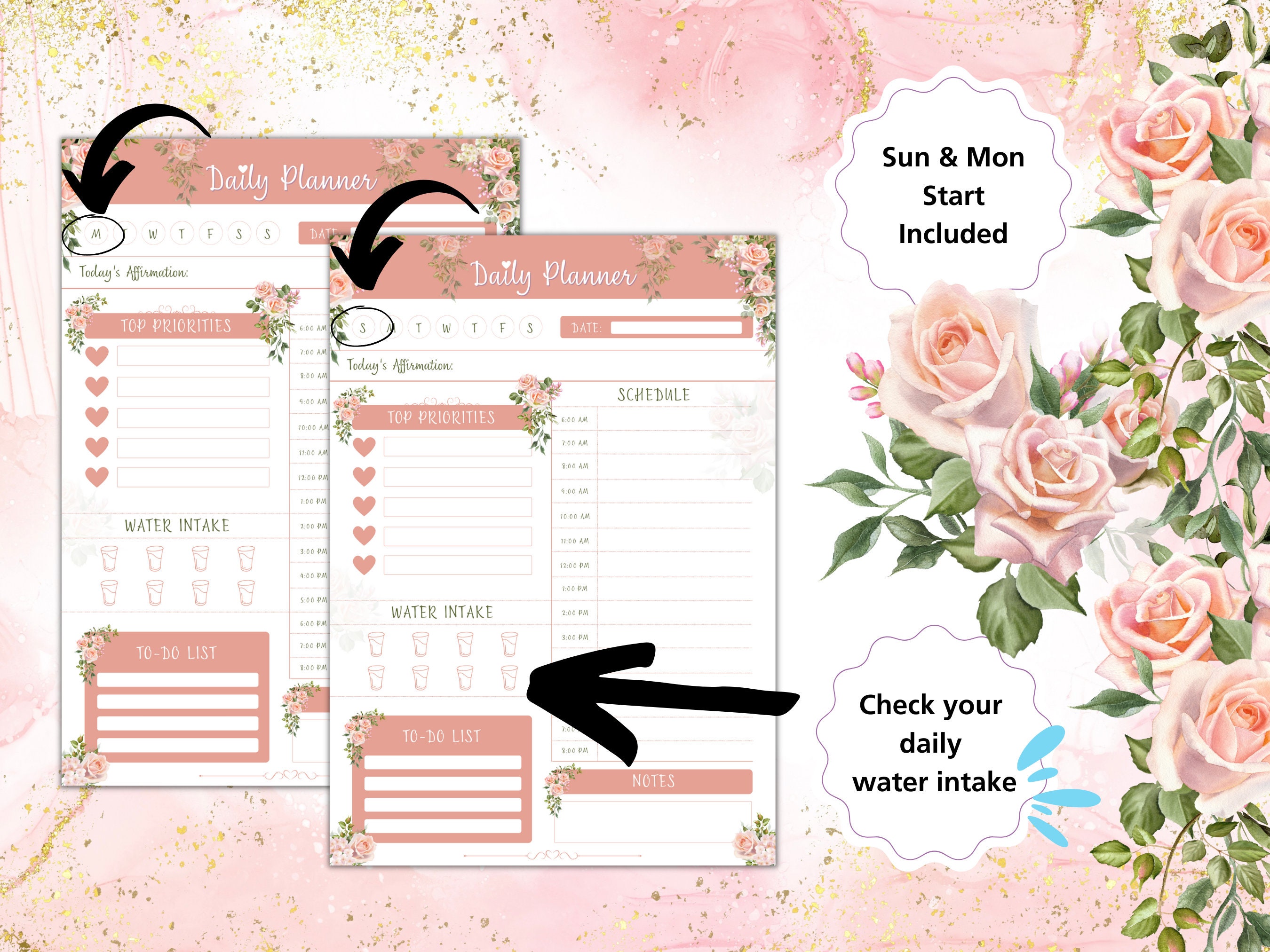Rose Digital Daily Planner Printable Hourly Work Day Schedule Undated ...