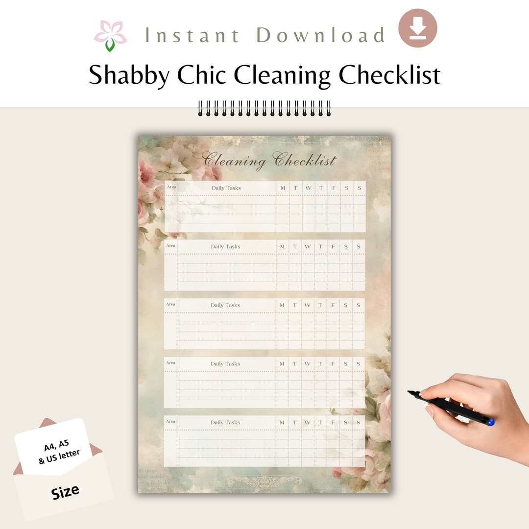 Cleaning Checklist Printable Floral Weekly Daily Task Shabby Chic List ...