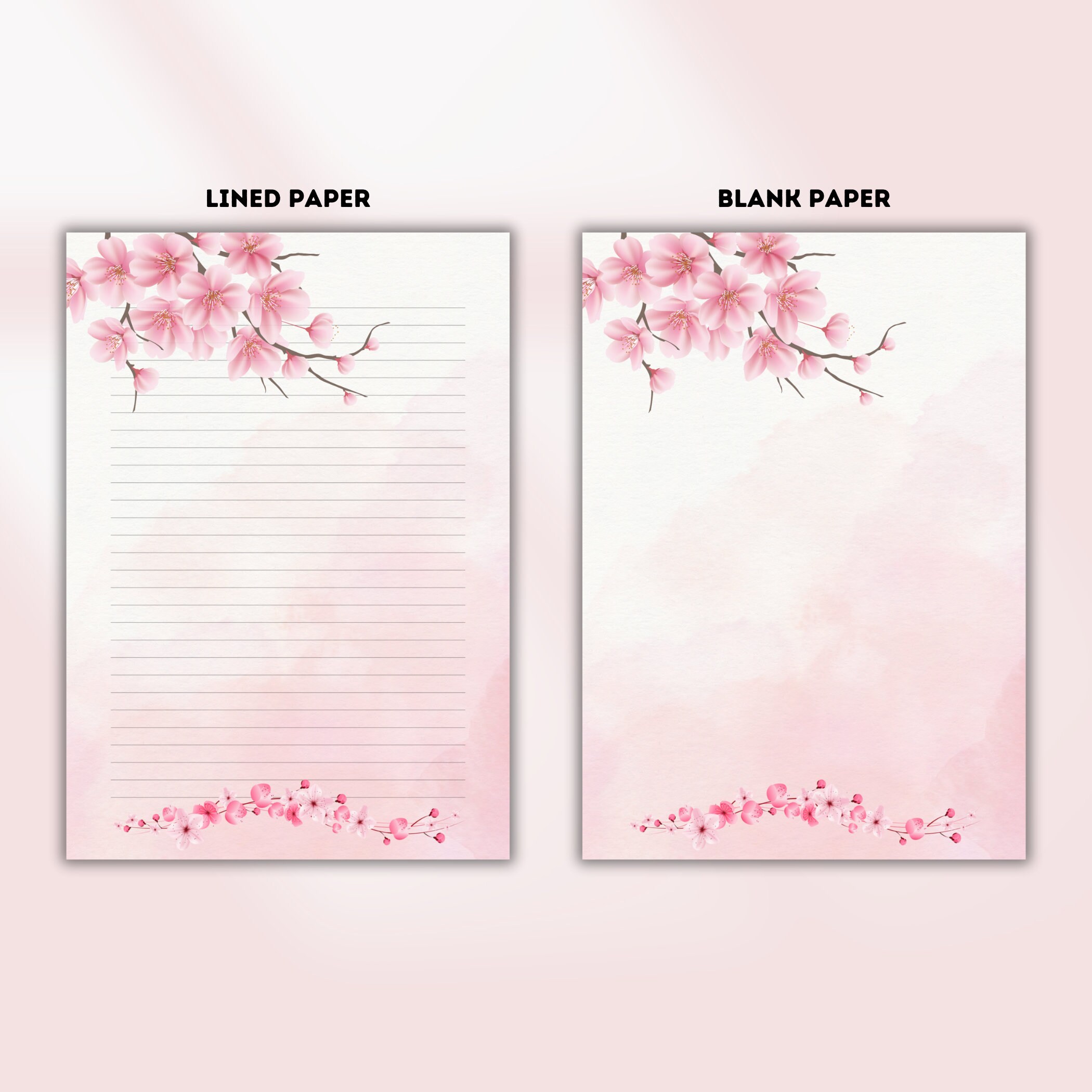 Cherry Blossom Pink Stationery Printable Lined Paper for Office & Notes ...