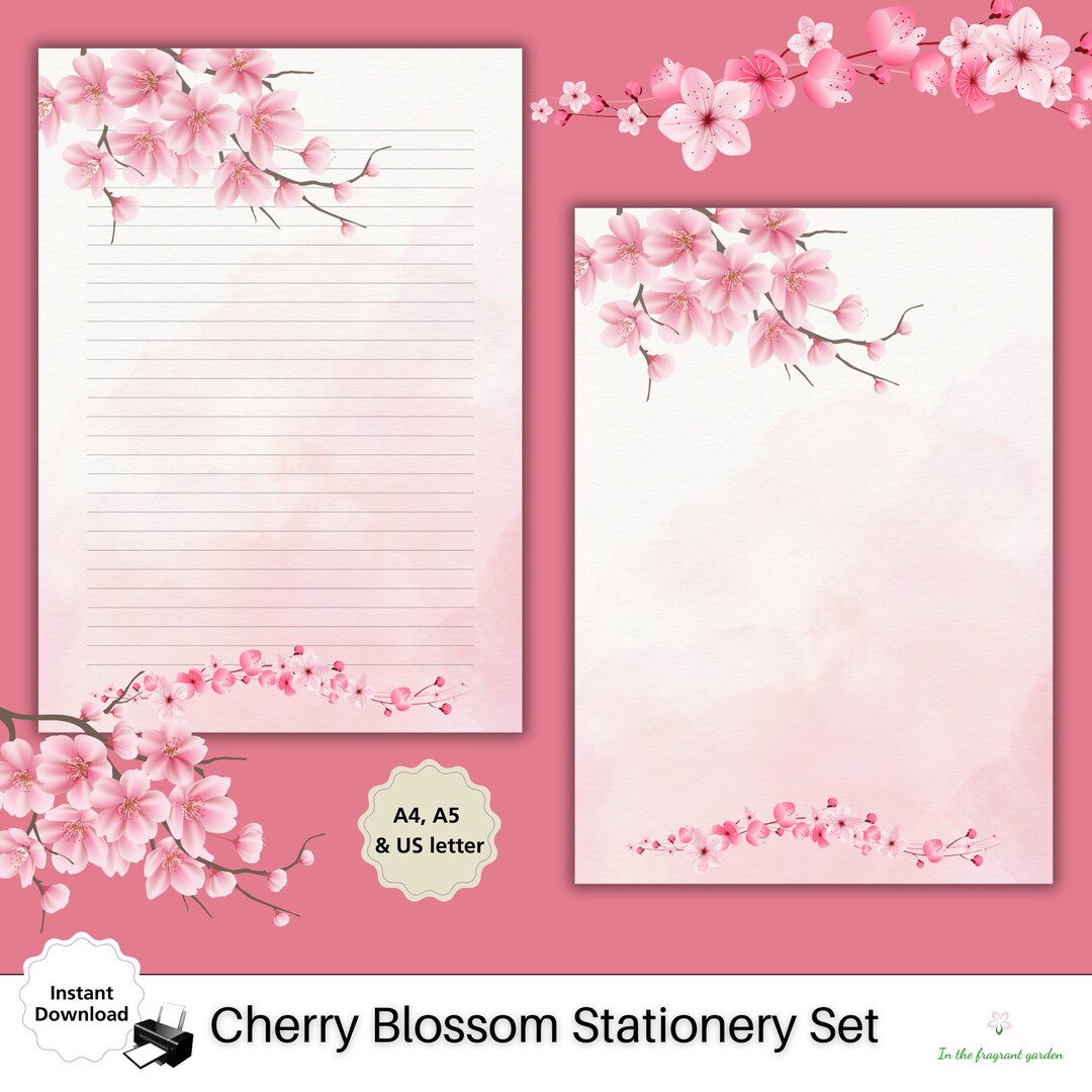 Cherry Blossom Pink Stationery Printable Lined Paper Office - Etsy
