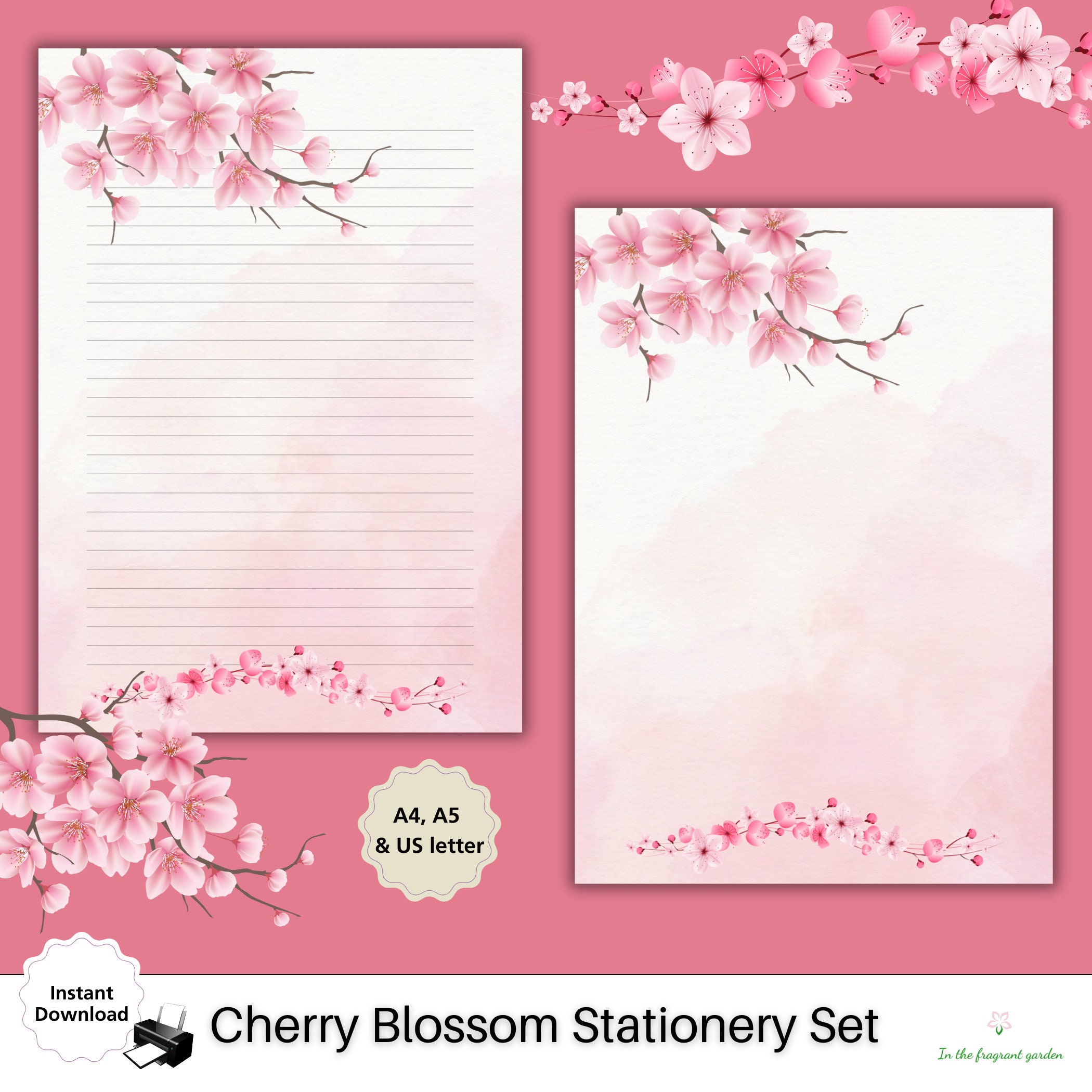 Cherry Blossom Pink Stationery Printable Lined Paper for Office & Notes ...