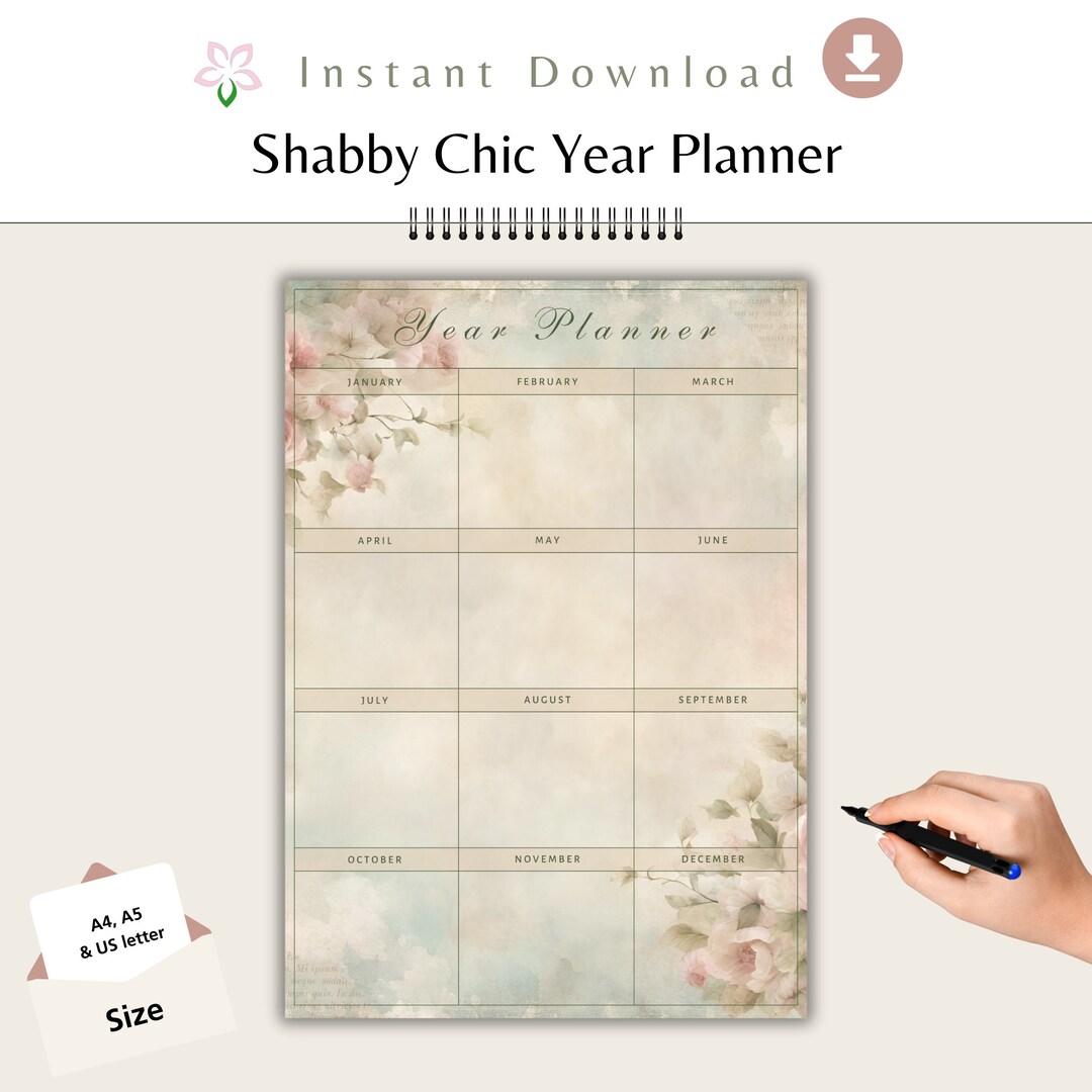 Shabby Chic New Years Monthly Planner Victorian Pink Rose Floral ...