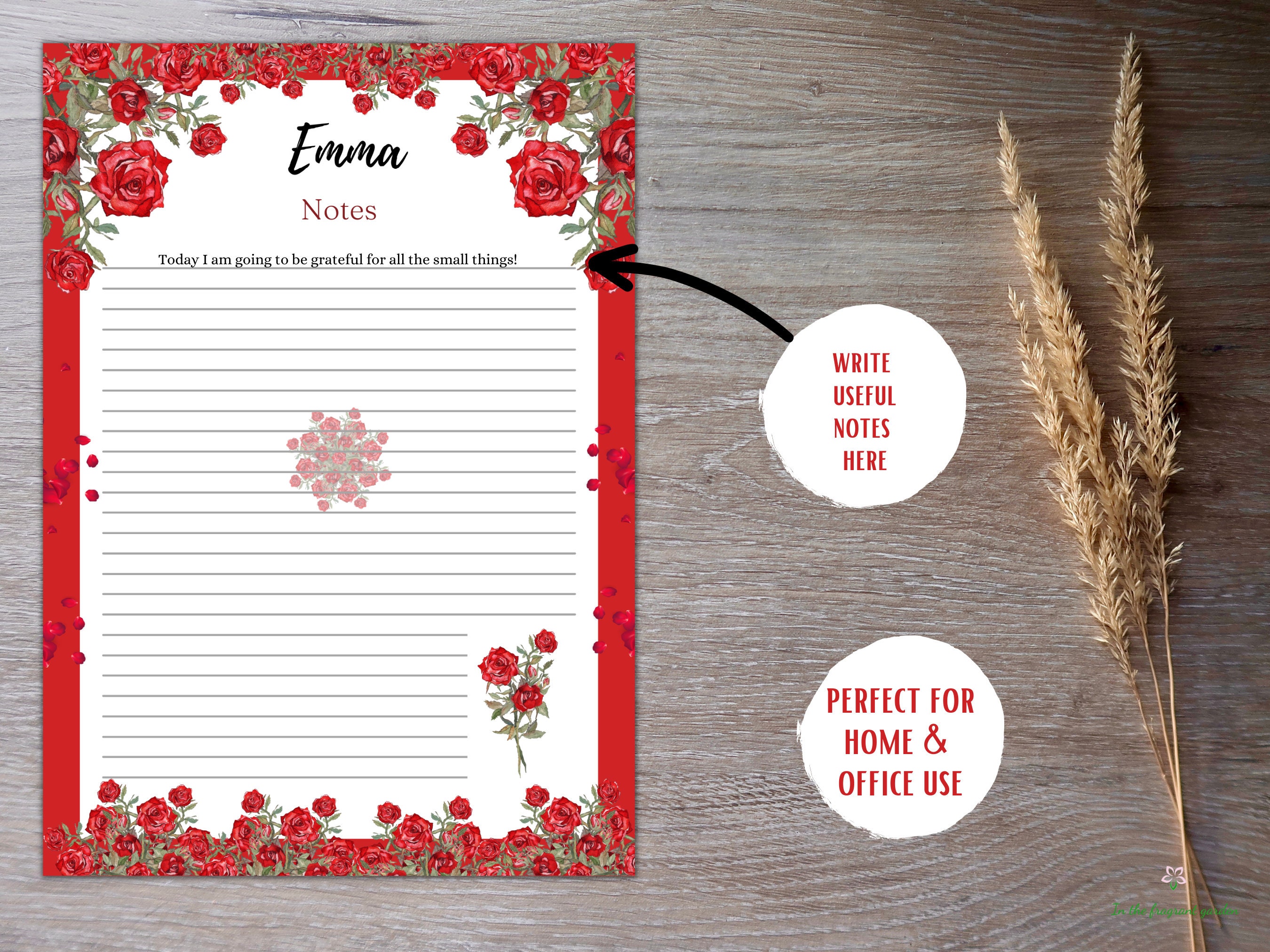 Red Roses Notes Page Printable Lined Snail Mail Pen Pals Note Taking ...