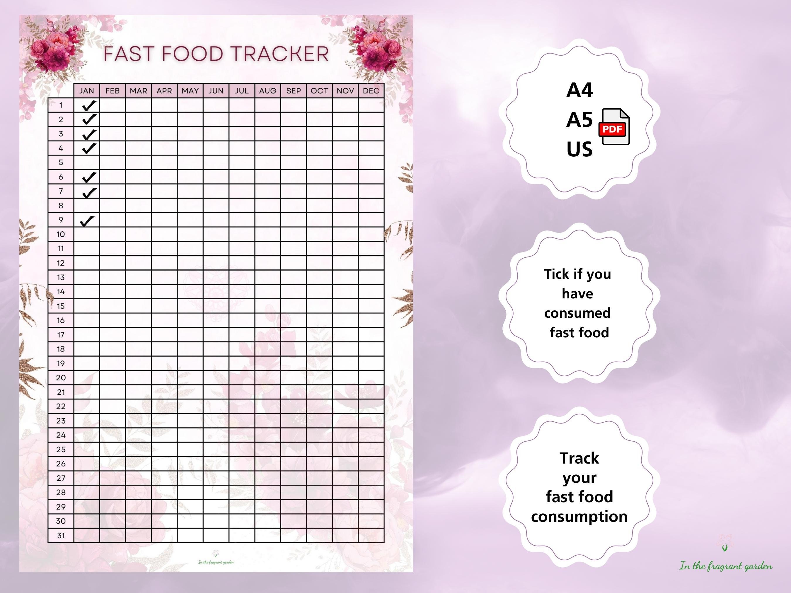 Fast Food Tracker Printable Daily Florai Log Track Check Journal ...