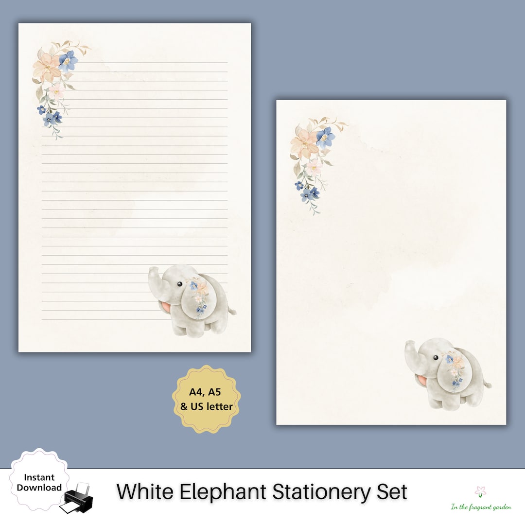 White Elephant Cute Lined Paper Floral Notes Kids Stationery Paper ...