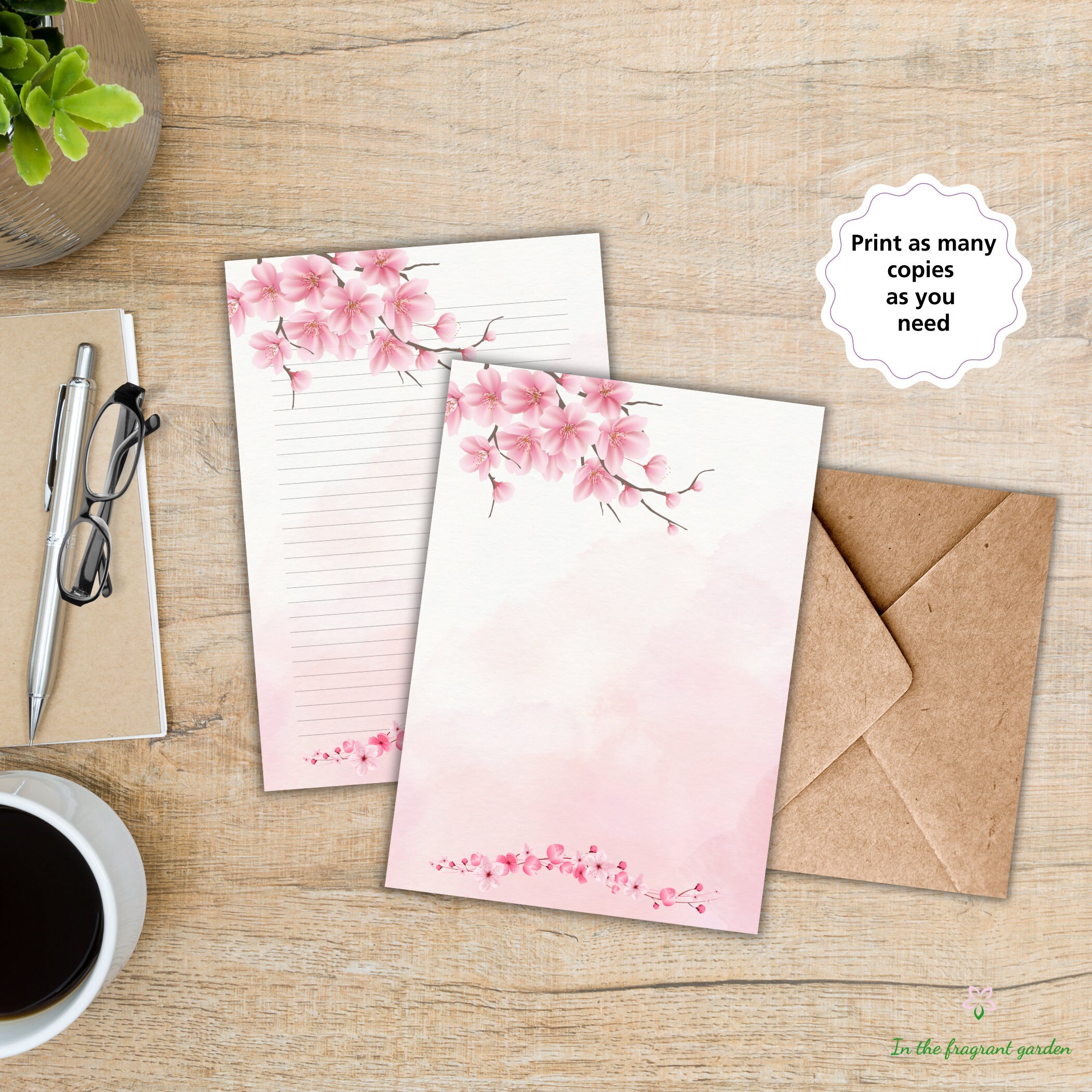 Cherry Blossom Pink Stationery Printable Lined Paper for Office & Notes ...