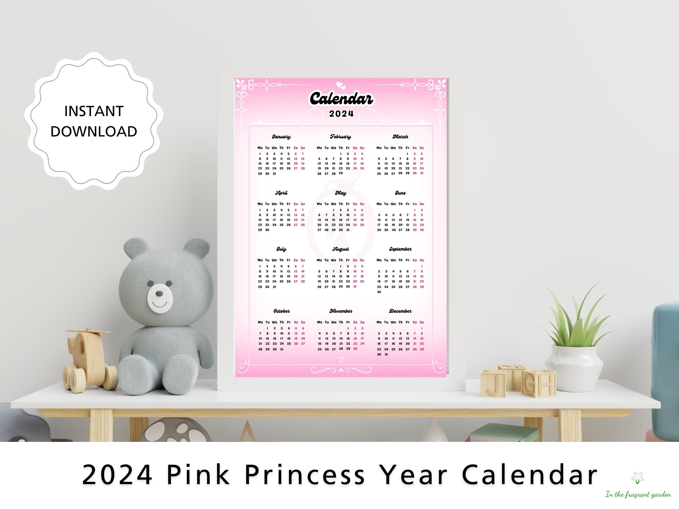 Princess Inspired 2024 Year Calendar Month Princess Dollie Doll Pink ...