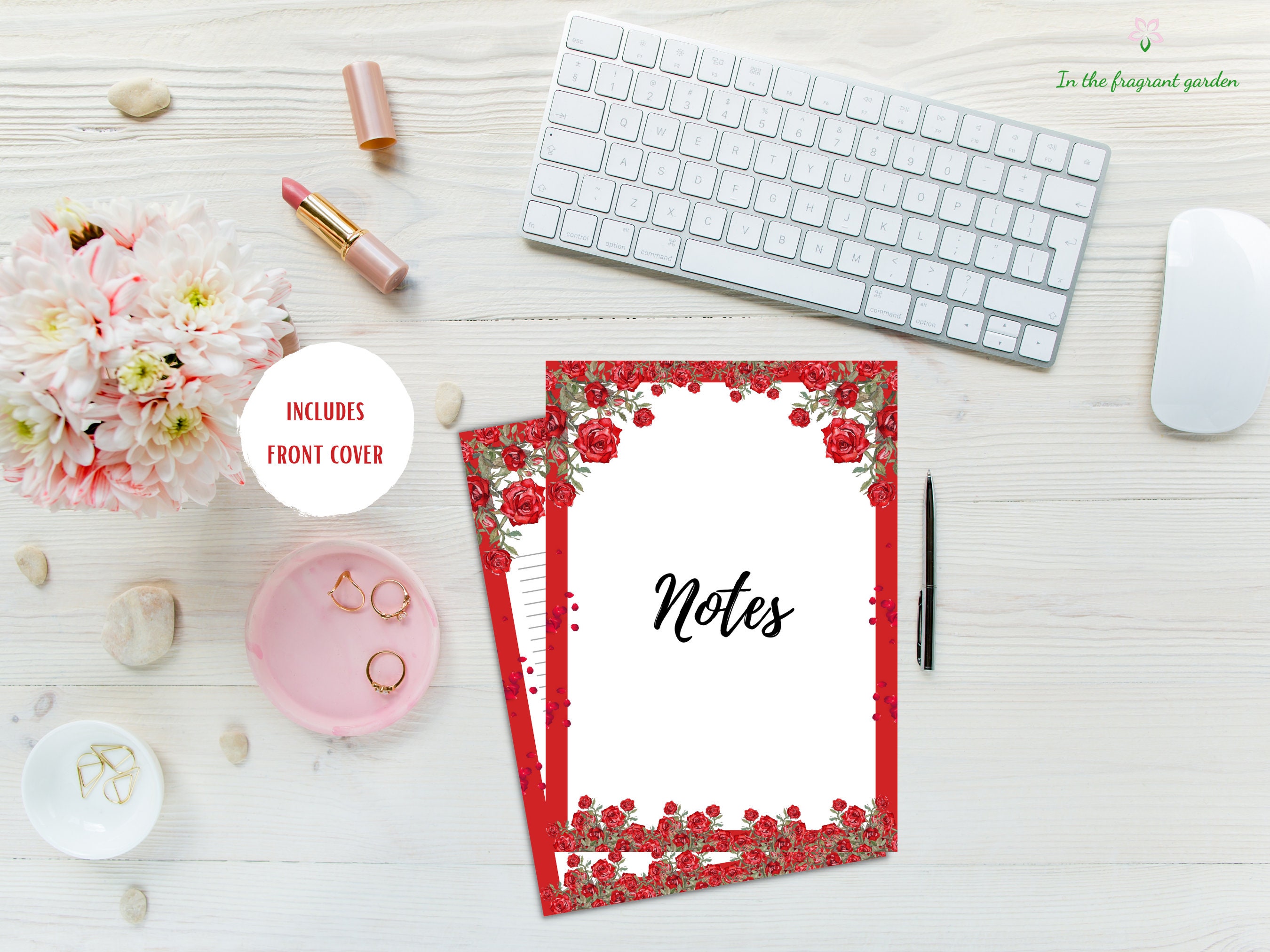 Red Roses Notes Page Printable Lined Snail Mail Pen Pals Note Taking ...