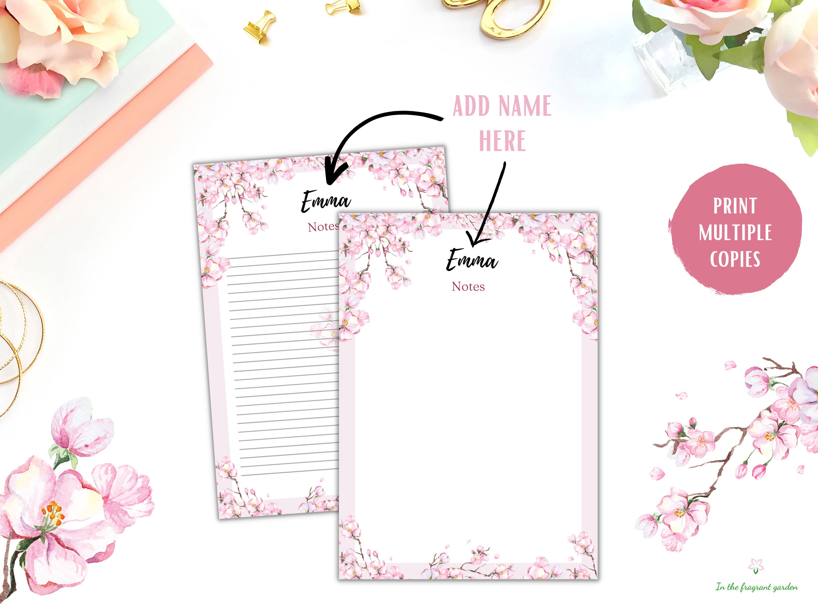 Cherry Blossom Flower Sakura Printable Floral Notes Page Lined Note Pen ...