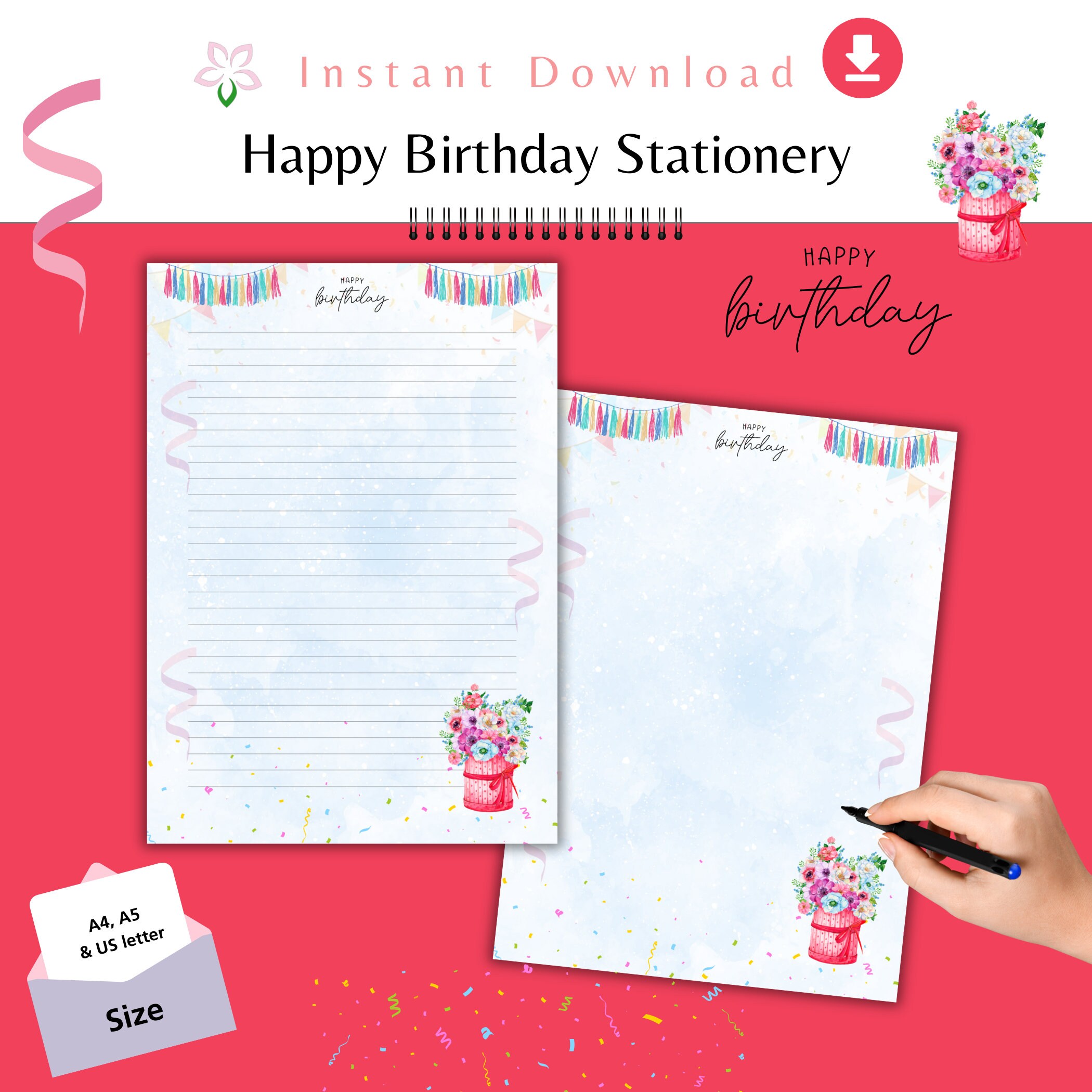 Happy Birthday Letter Writing Paper Floral Stationery Florals Lined ...