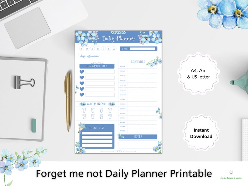Forget Me Not Printable Floral Notes Pomodoro Cute Planner Daily Task ...