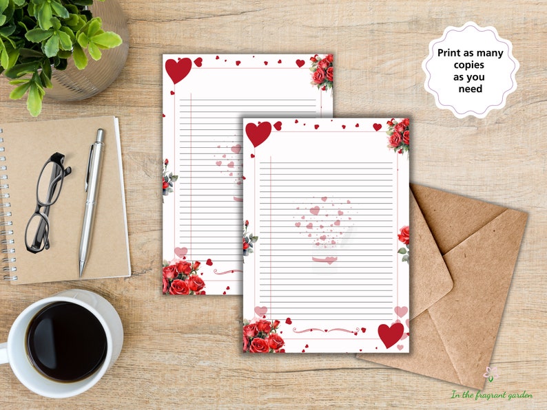 Redhearts Notes Page Printable Lined Snail Mail Pen Pals Note Taking ...