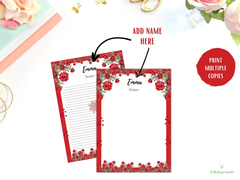 Red Roses Notes Page Printable Lined Snail Mail Pen Pals Note Taking ...