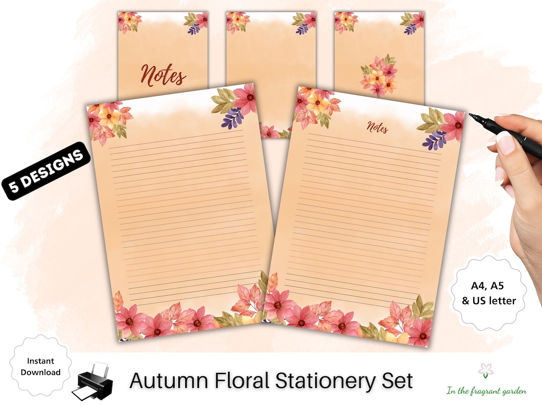 Autumn Printable Letter Stationery Floral Lined Paper Download Flower ...