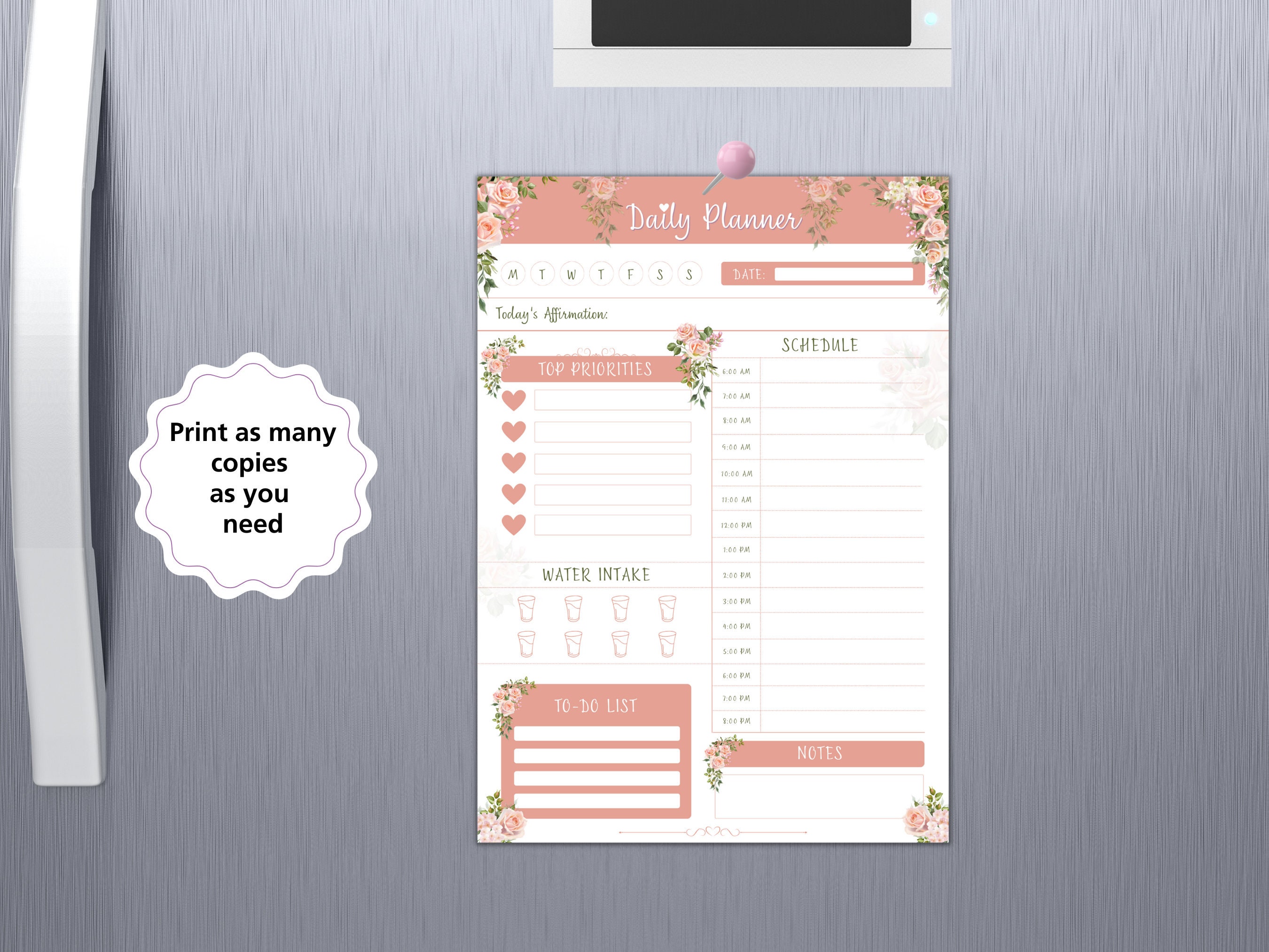 Rose Digital Daily Planner Printable Hourly Work Day Schedule Undated ...