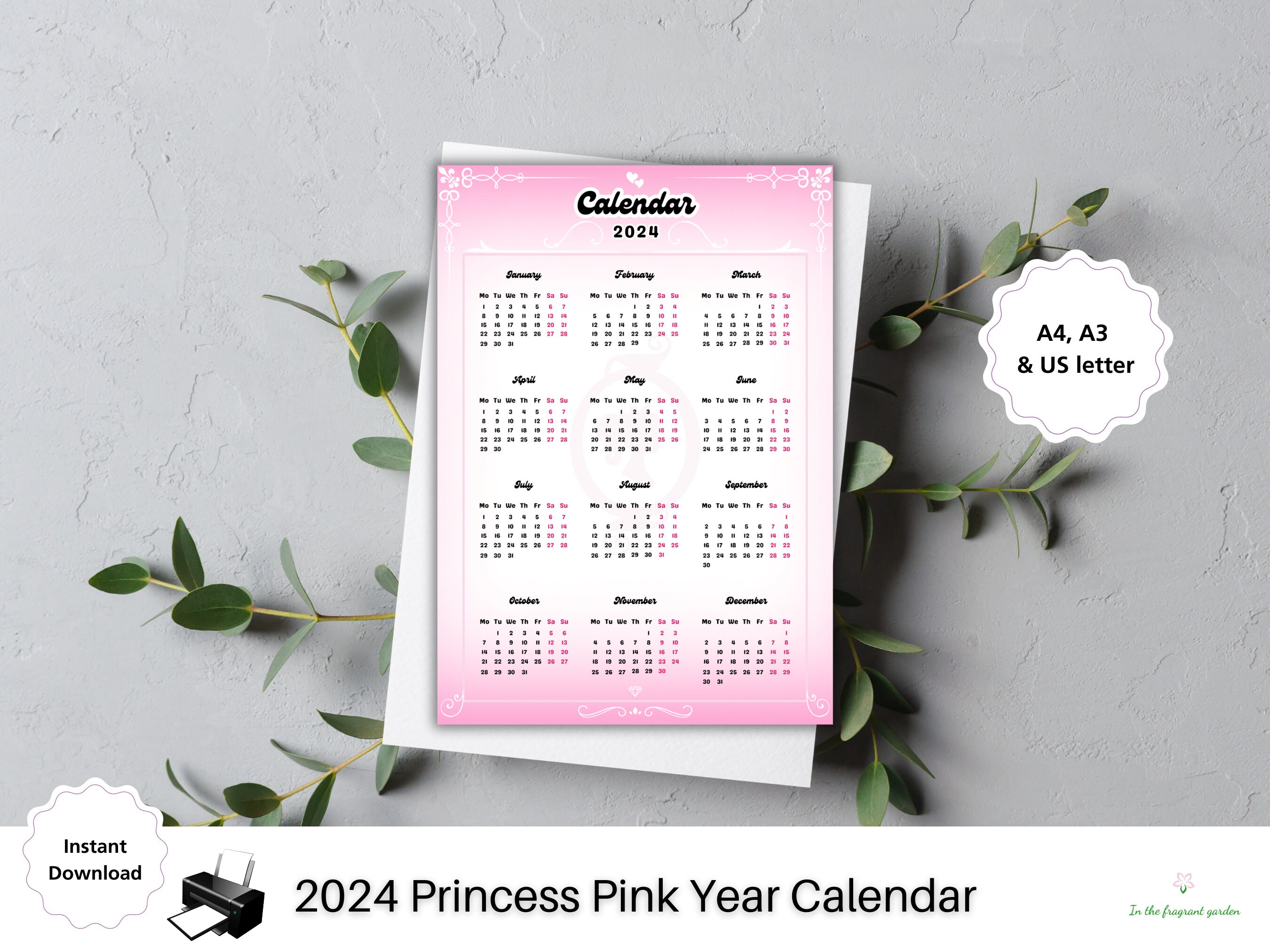 Princess Inspired 2024 Year Calendar Month Princess Dollie Doll Pink ...