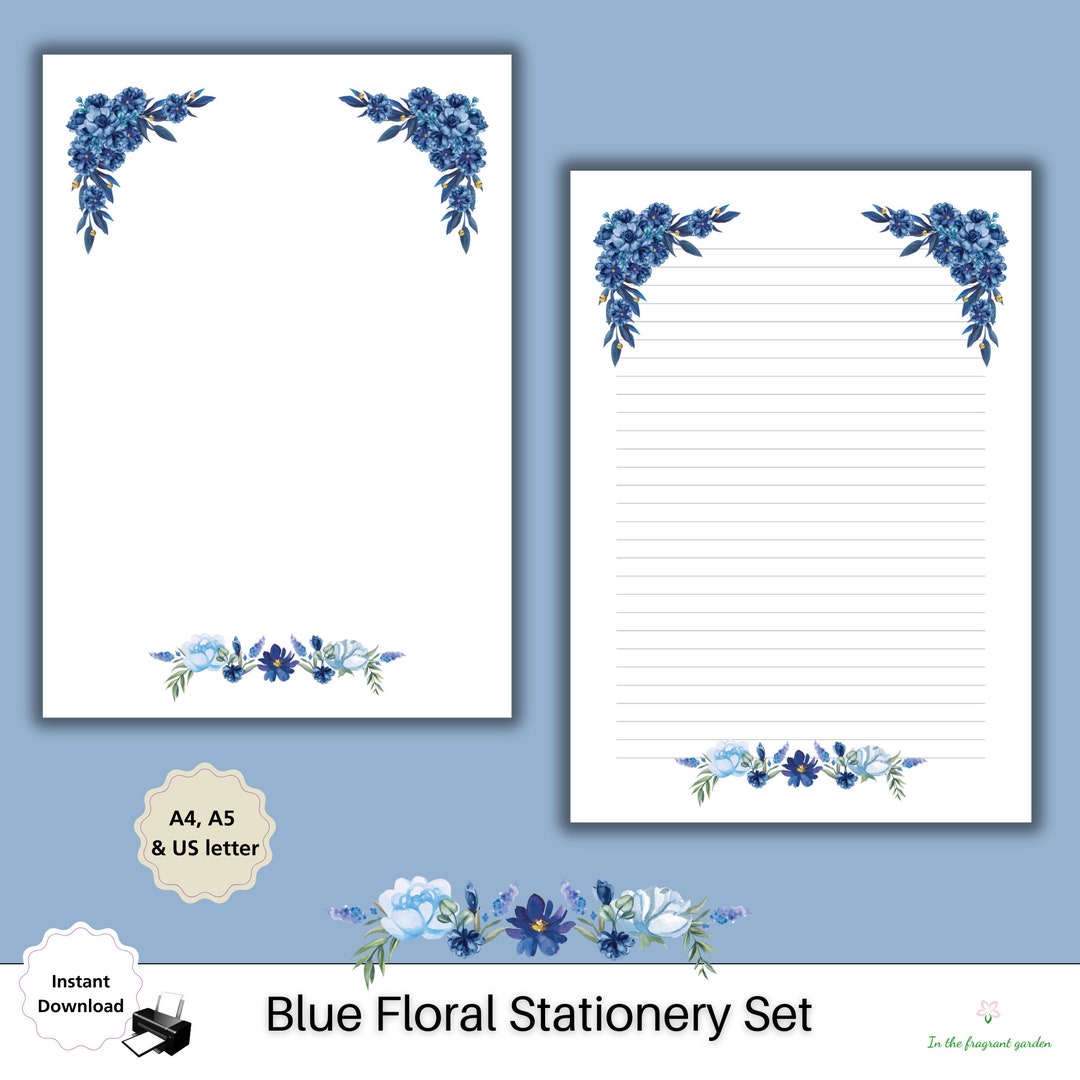 Blue Floral Stationery Set | Printable Lined Paper & Writing Pad | Cute ...