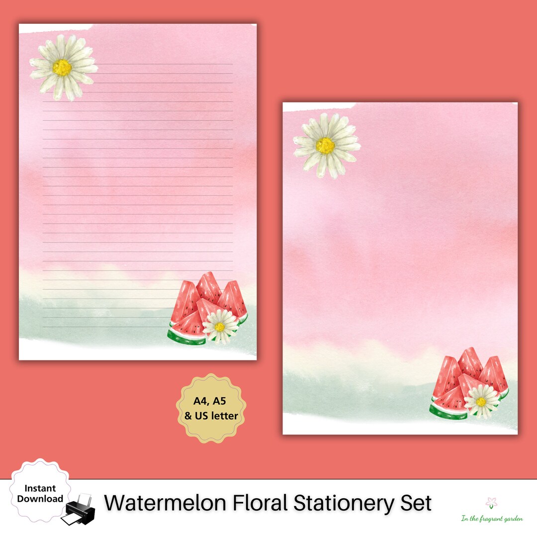 Watermelon & Echinacea Floral Stationery Set| Printable Lined Letter ...