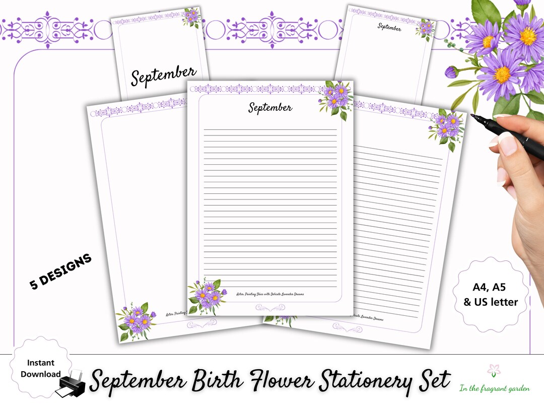 Stationery Birth Month September Purple Aster Floral Instant - Etsy