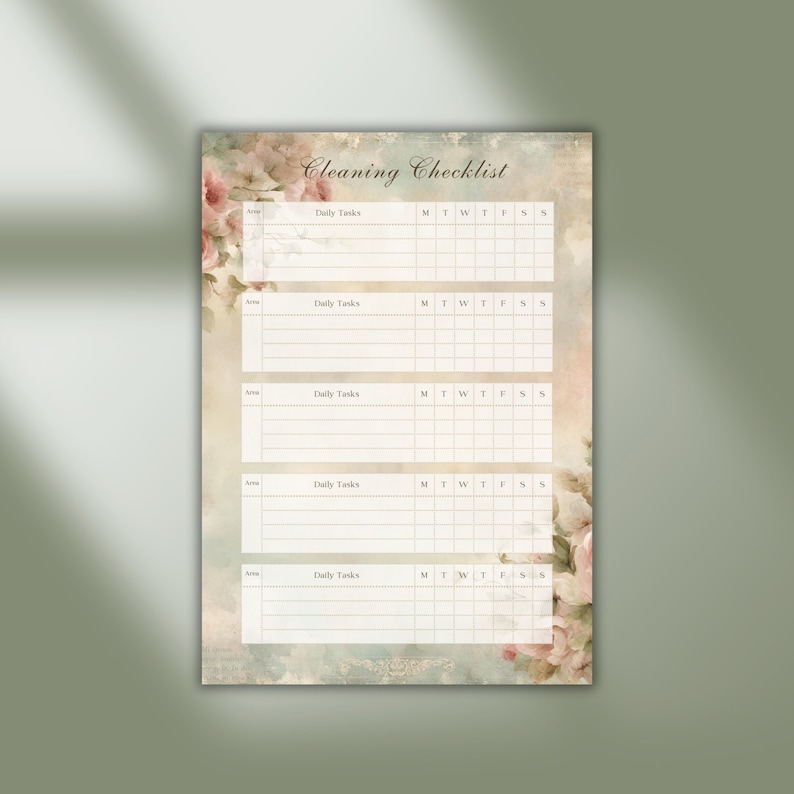 Cleaning Checklist Printable Floral Weekly Daily Task Shabby Chic List ...