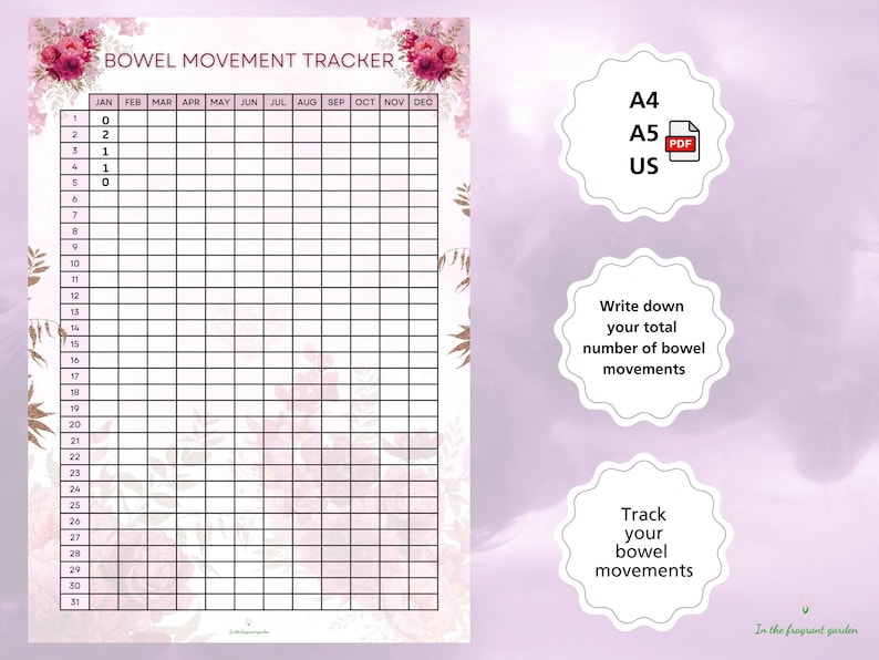 Bowel Movement Tracker IBS Printable Daily Florai Log Track Check ...