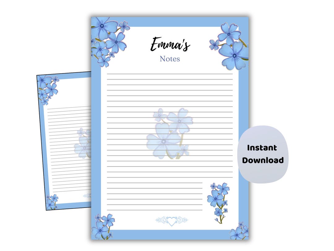 Personalized Floral Forget Me Not Notes, Printable Stationery (digital ...
