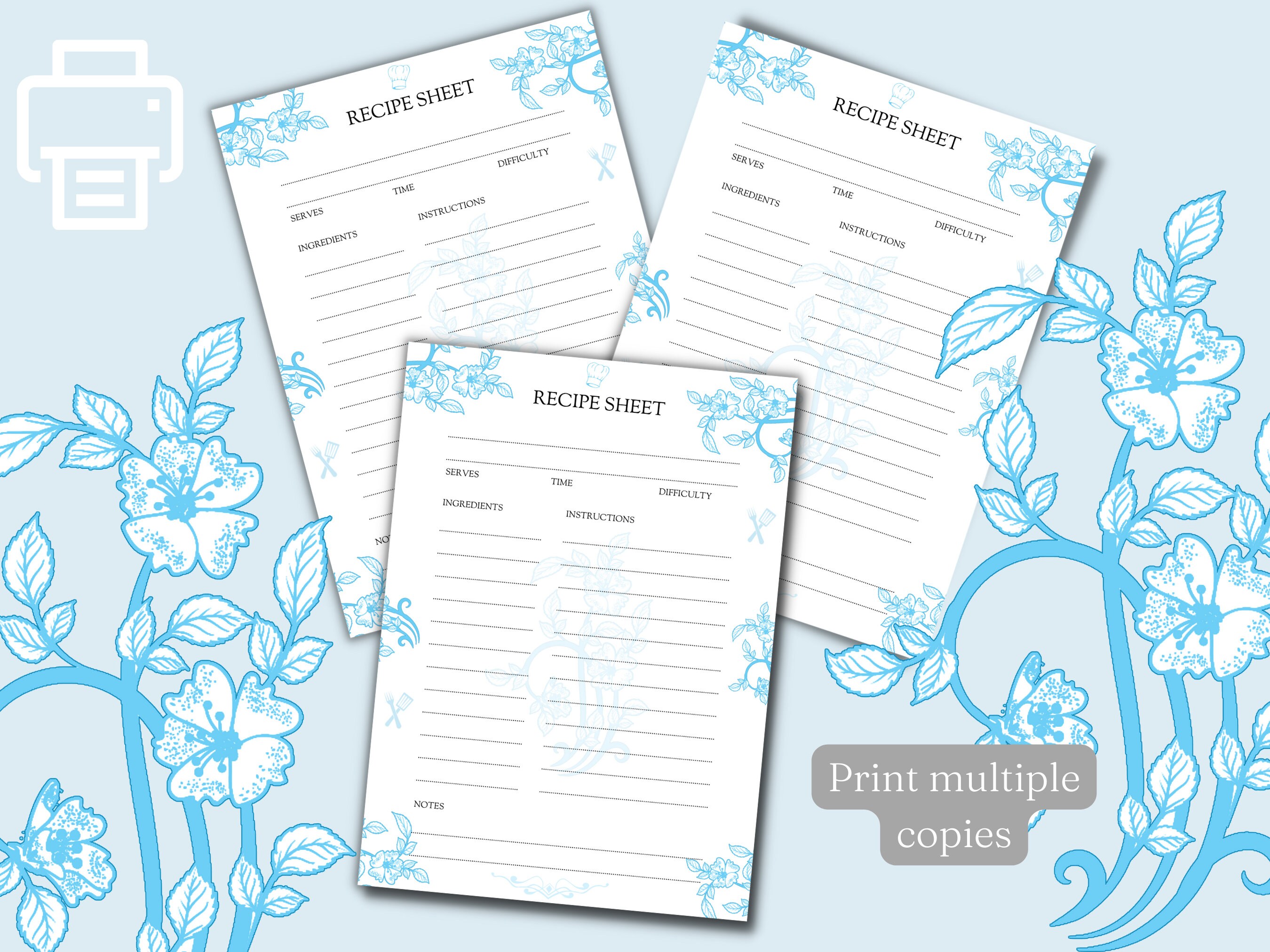Recipes Page Sheets Memo Template Blank Card Baking Cooking A4A5 Floral ...