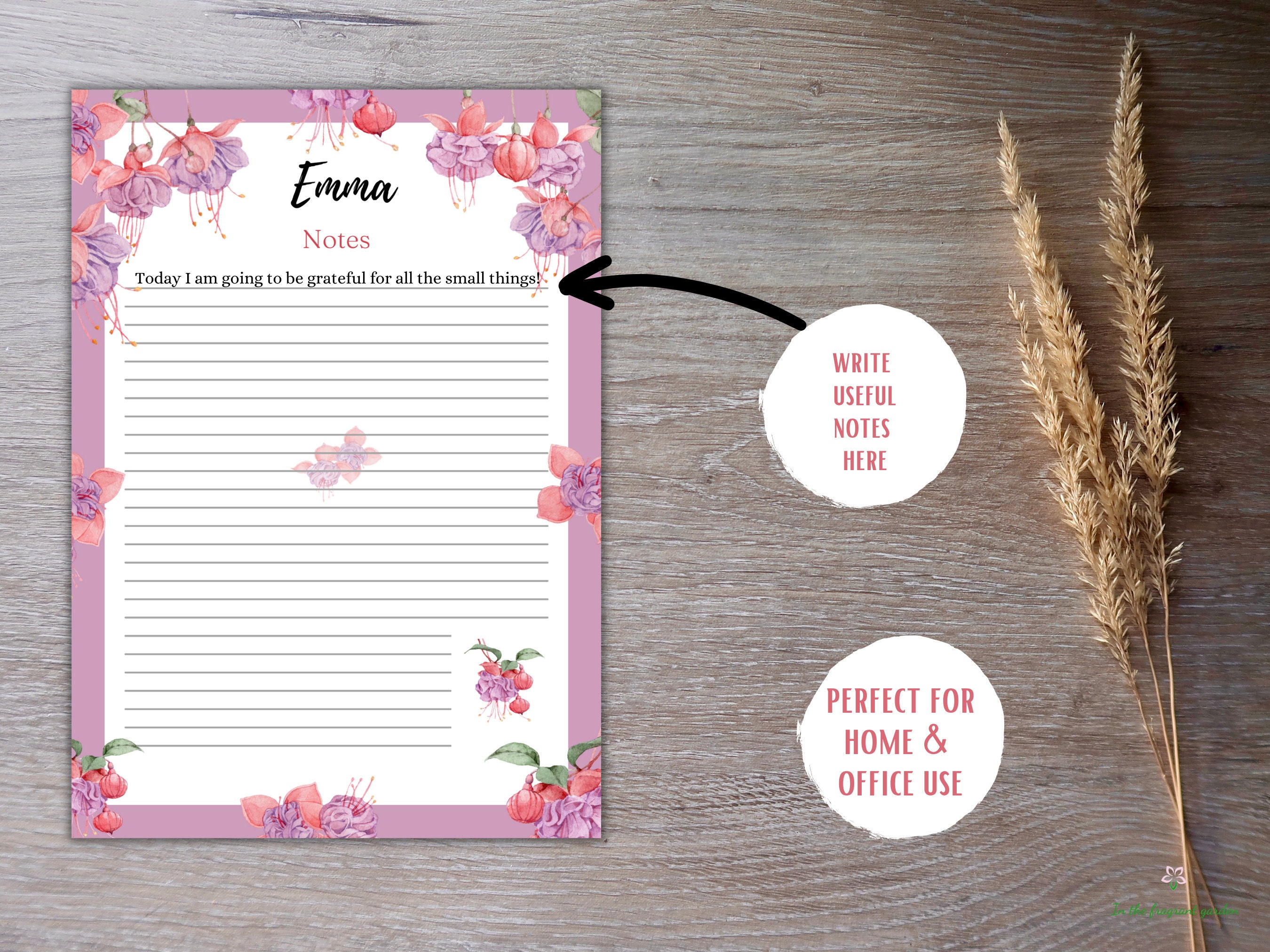 Fuchsia Flower Notes Page Printable Lined Note Template Note Taking ...