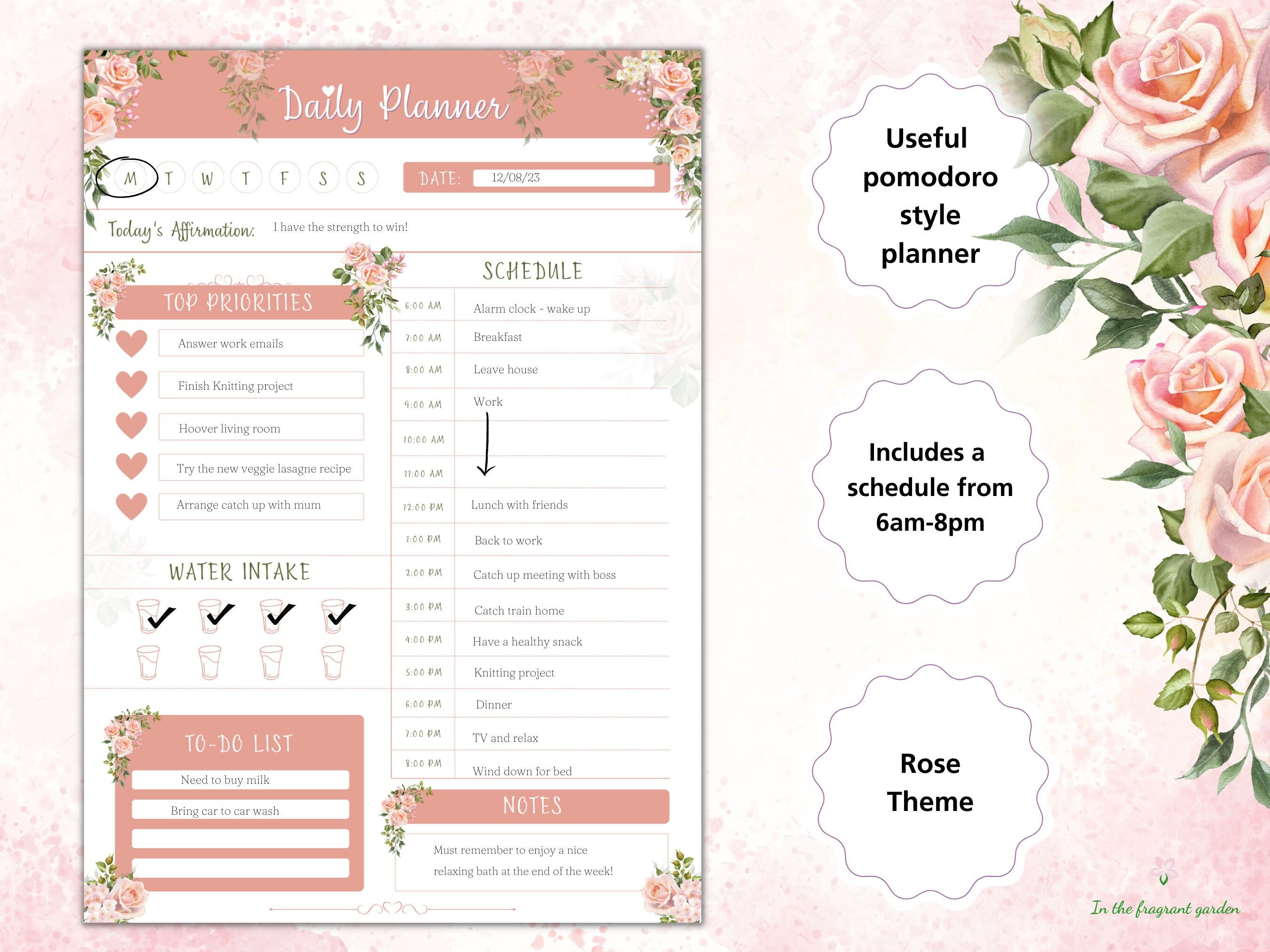 Rose Digital Daily Planner Printable Hourly Work Day Schedule Undated ...