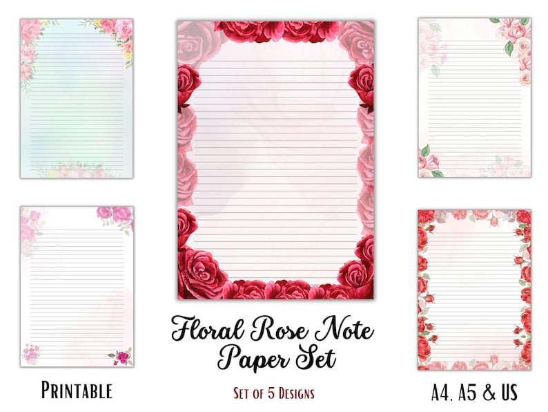 Printable Floral Stationery Letter Writing X5 Note Paper Lined Writing ...
