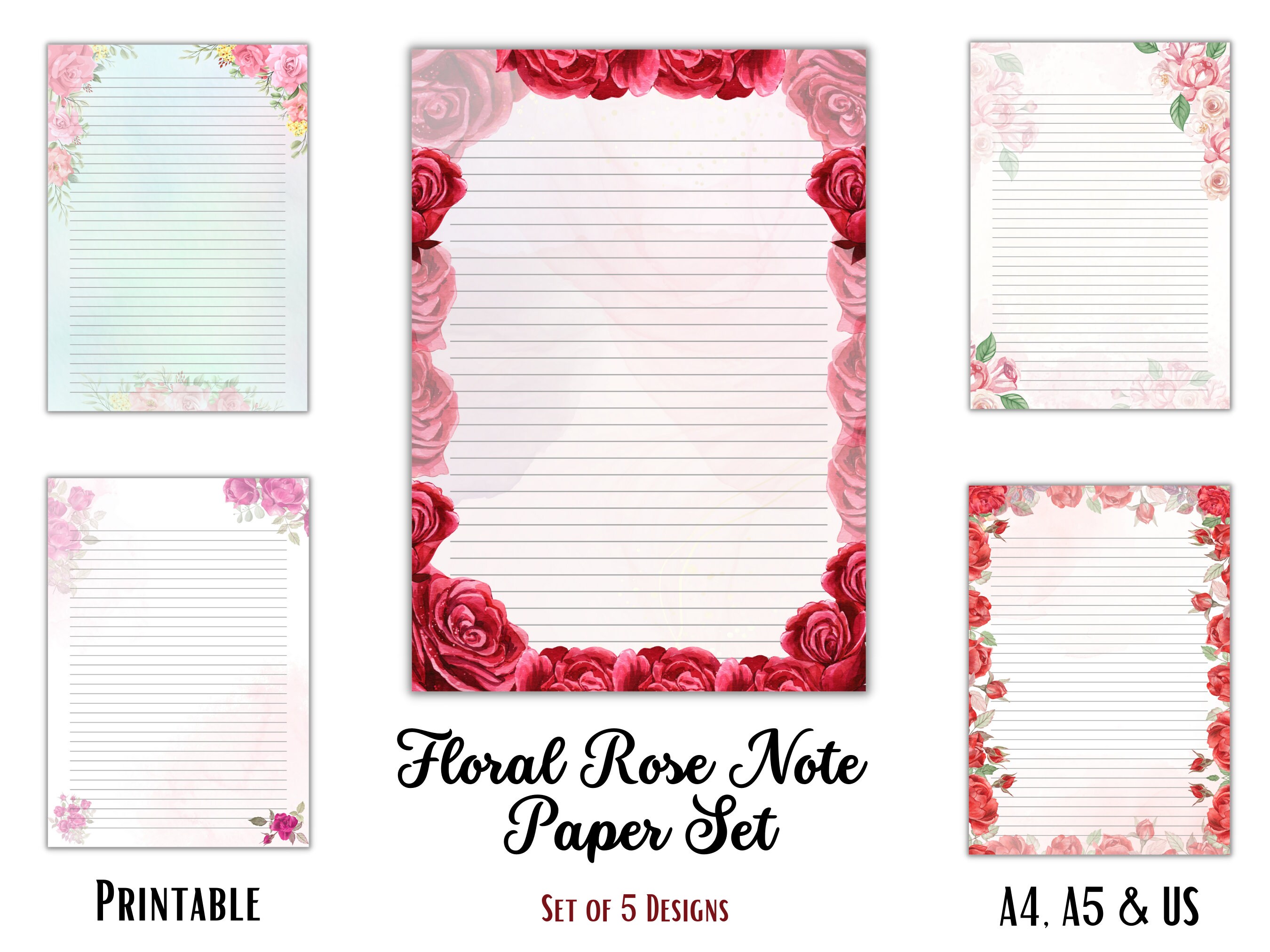 Printable Floral Stationery Letter Writing X5 Note Paper Lined Writing ...