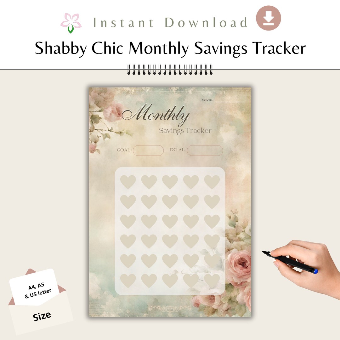 Shabby Chic Monthly Savings Tracker Floral Rose Budget Planner Sheet ...
