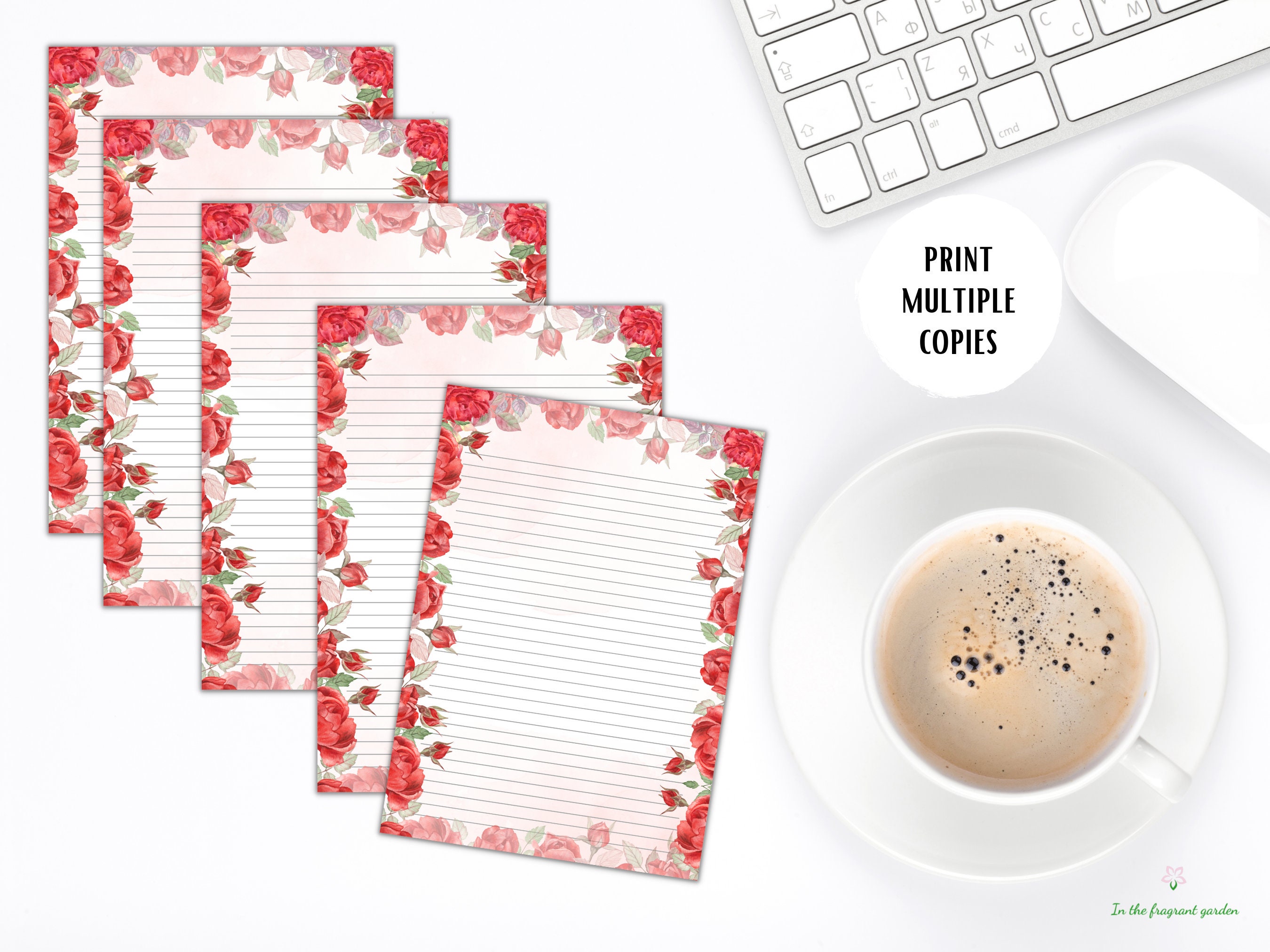 Printable Floral Stationery Letter Writing X5 Note Paper Lined Writing ...