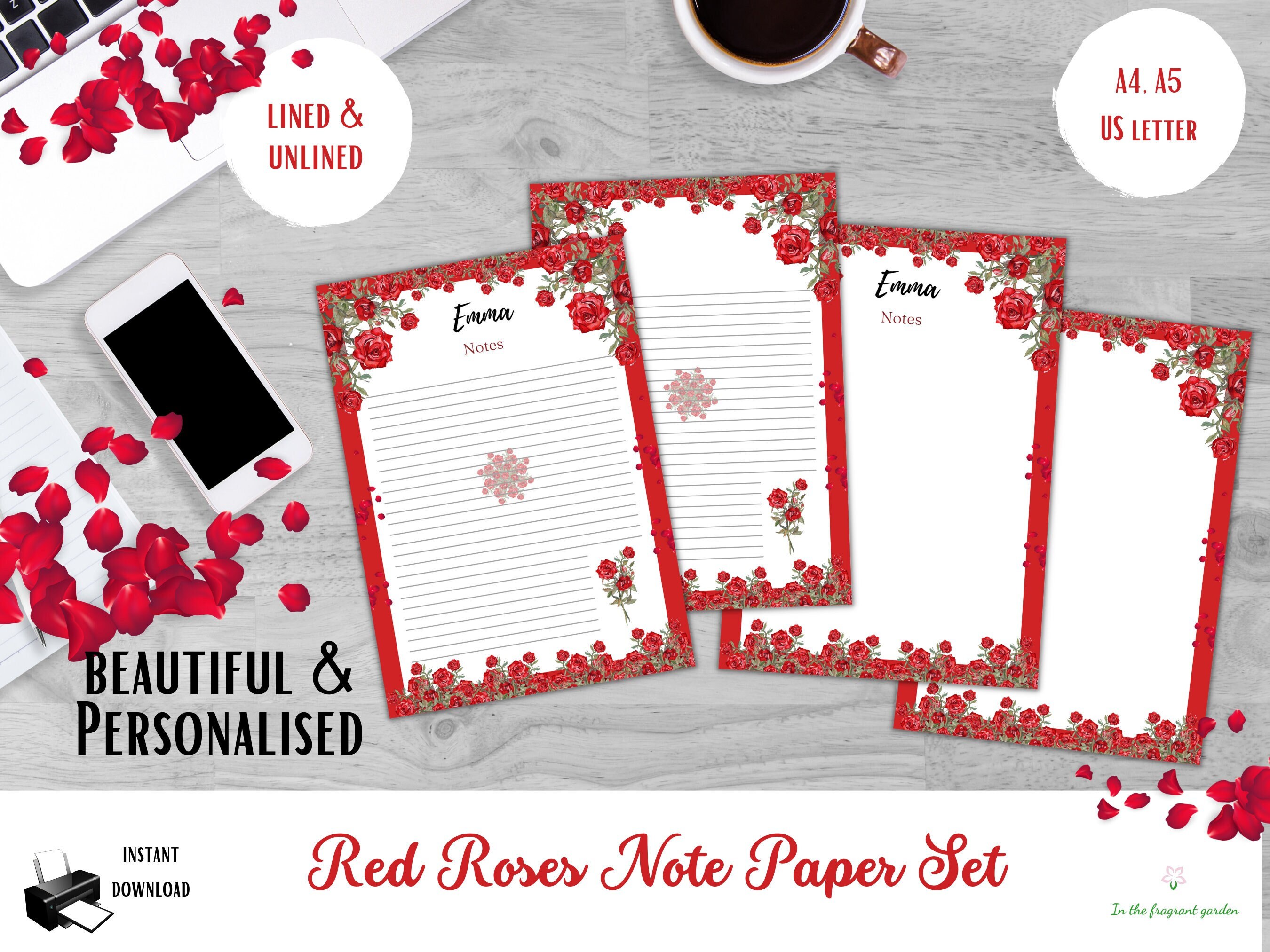 Red Roses Notes Page Printable Lined Snail Mail Pen Pals Note Taking ...