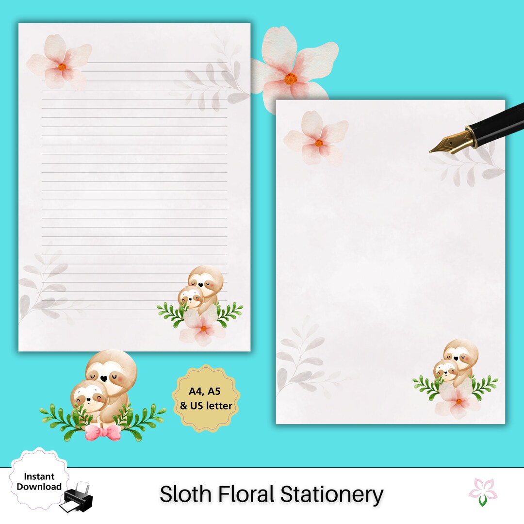 Cute Lazy Sloth Lined Paper Floral Notes Wildlife Kids Stationery ...