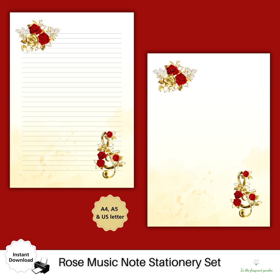 Floral Musical Notes Stationery Gold Lined Paper Rose Notes Kids ...