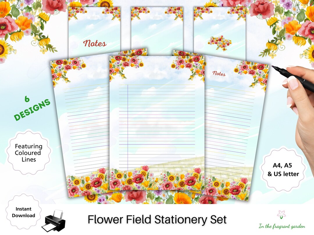 Whimsical Flower Field Lined Paper Floral Stationery Paper Download ...