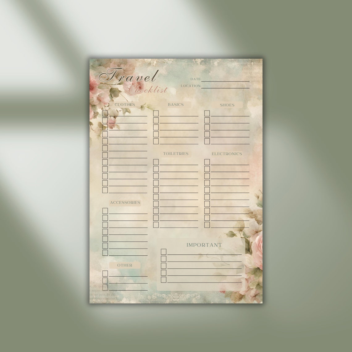Shabby Chic Travel Checklist Planner Victorian Pink Rose Floral ...