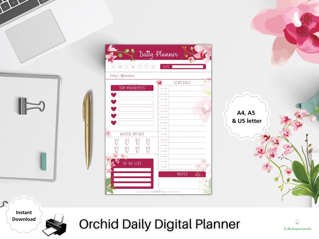 Digital Daily Planner Orchid Printable Hourly Work Day Schedule Undated ...