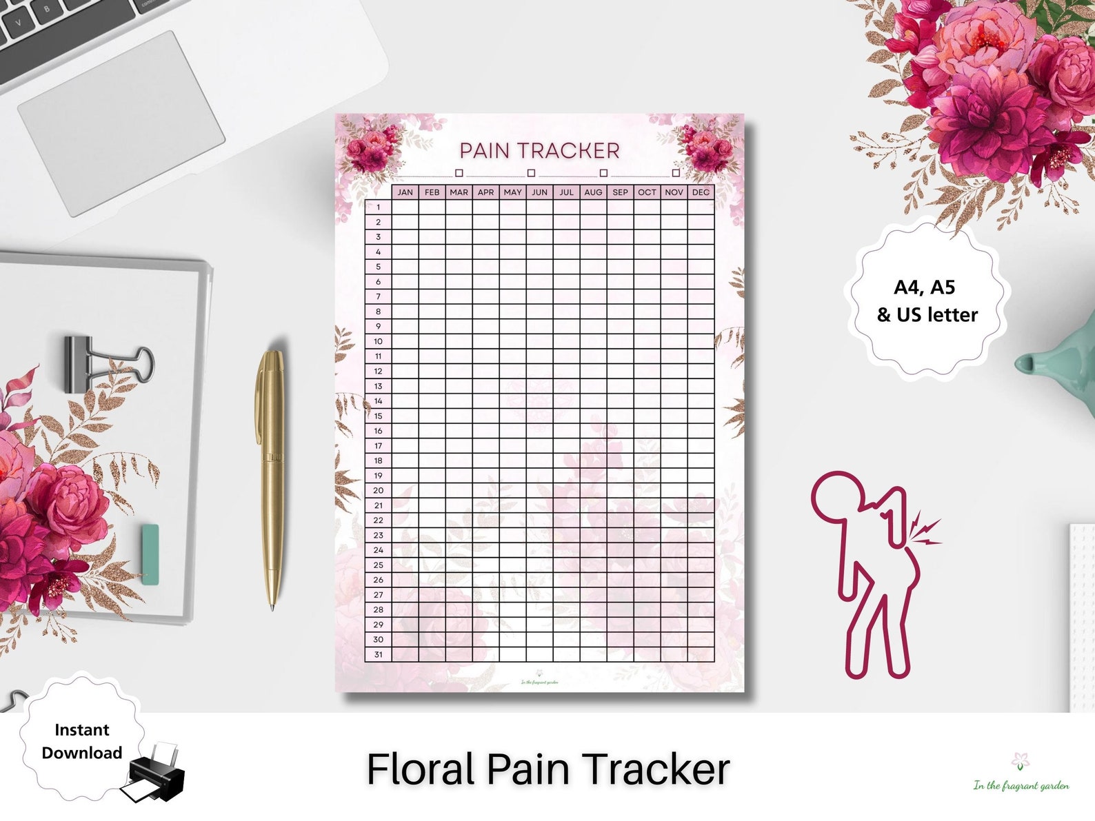 Printable Pain Tracker Daily Florai Injury Log PDF Improve Symptoms ...