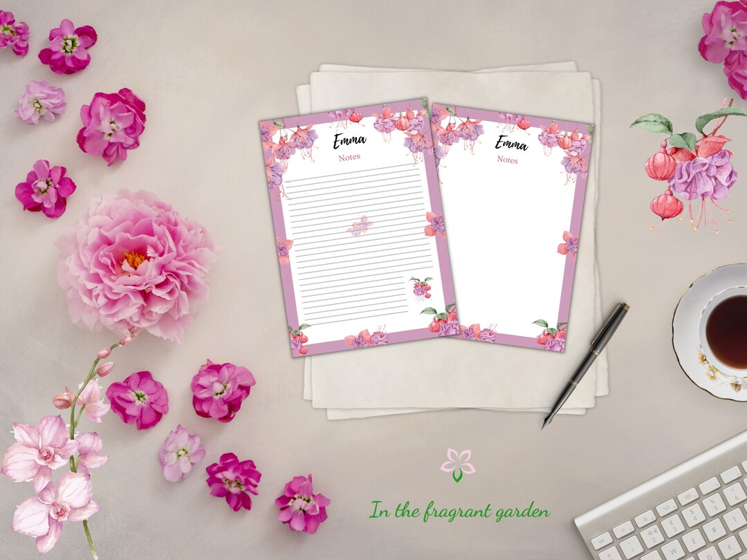 Fuchsia Flower Notes Page Printable Lined Note Template Note Taking ...
