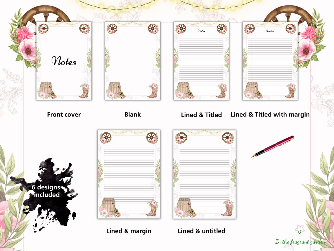 Cowgirl Cowboy Boots With Flowers Stationery Floral Lined Paper ...