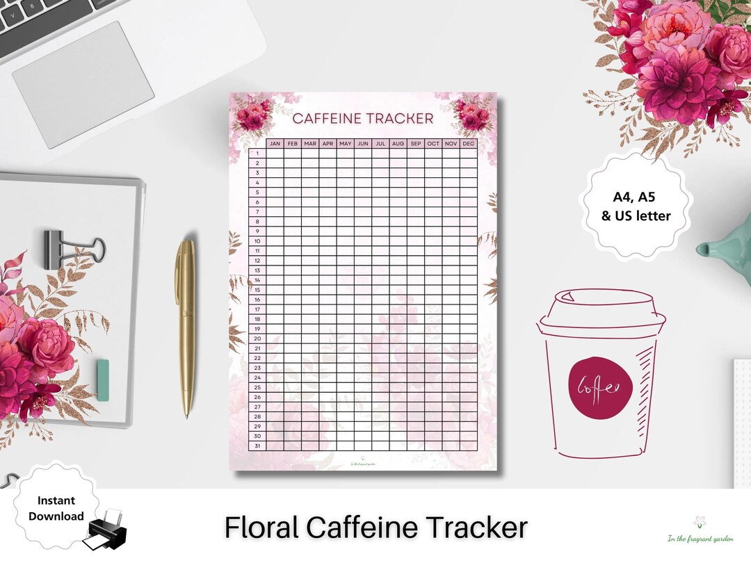 Caffeine Intake Log Coffee and Tea Tracker Printable Daily Florai Cup ...