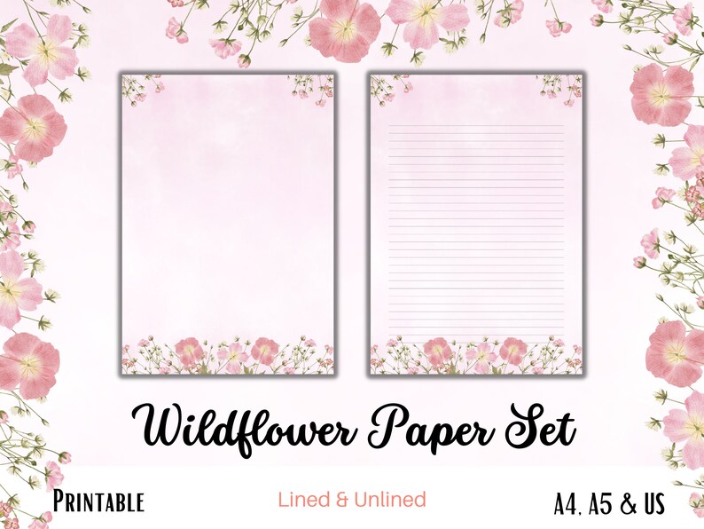 Wildflower Lined Paper Instant Download Flower Border Writing Pad Notes ...